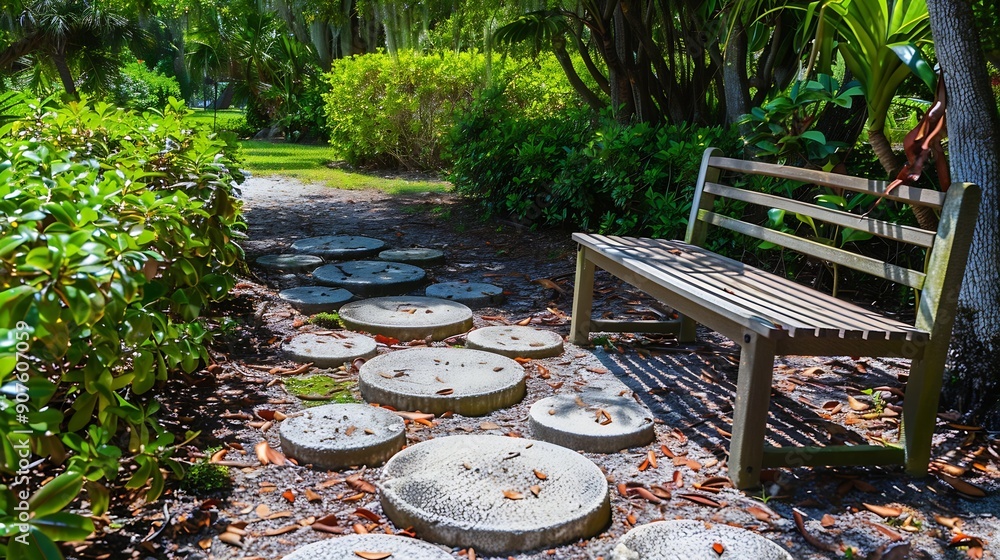 Decorative bright round steppingstones along a footpath by spherical ...