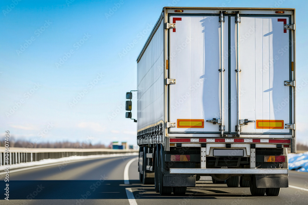 18 wheeler back - Back view of semi truck traveling down highway ...