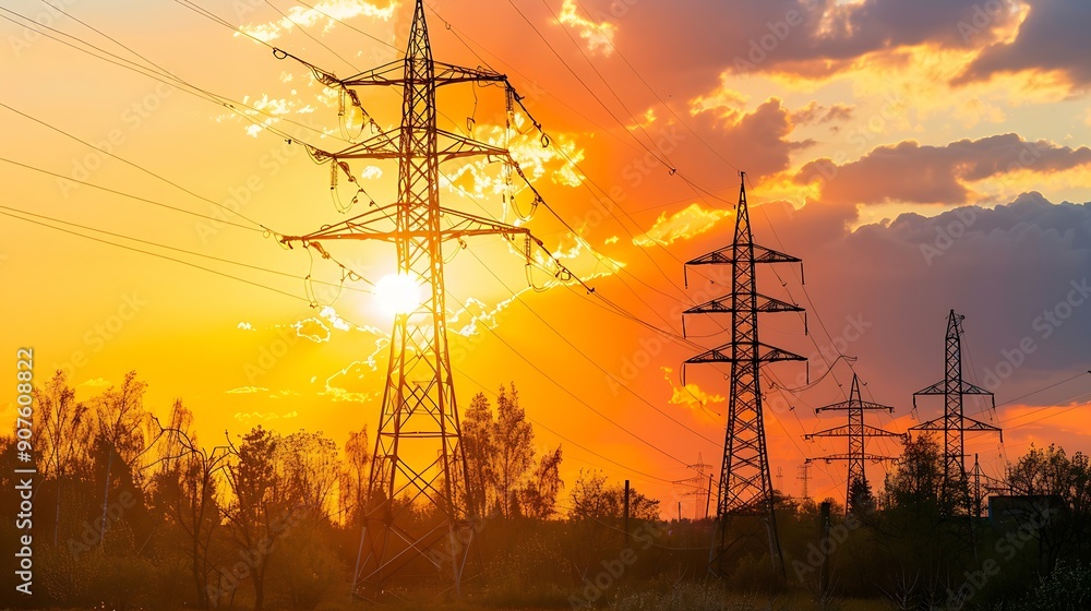 High voltage electric towers at golden sunset Silhouettes of a number ...
