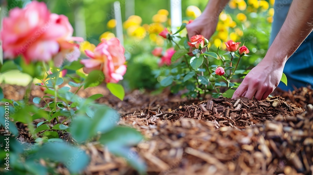 Gardener mulching summer garden with shredded wood mulch Man puts ...
