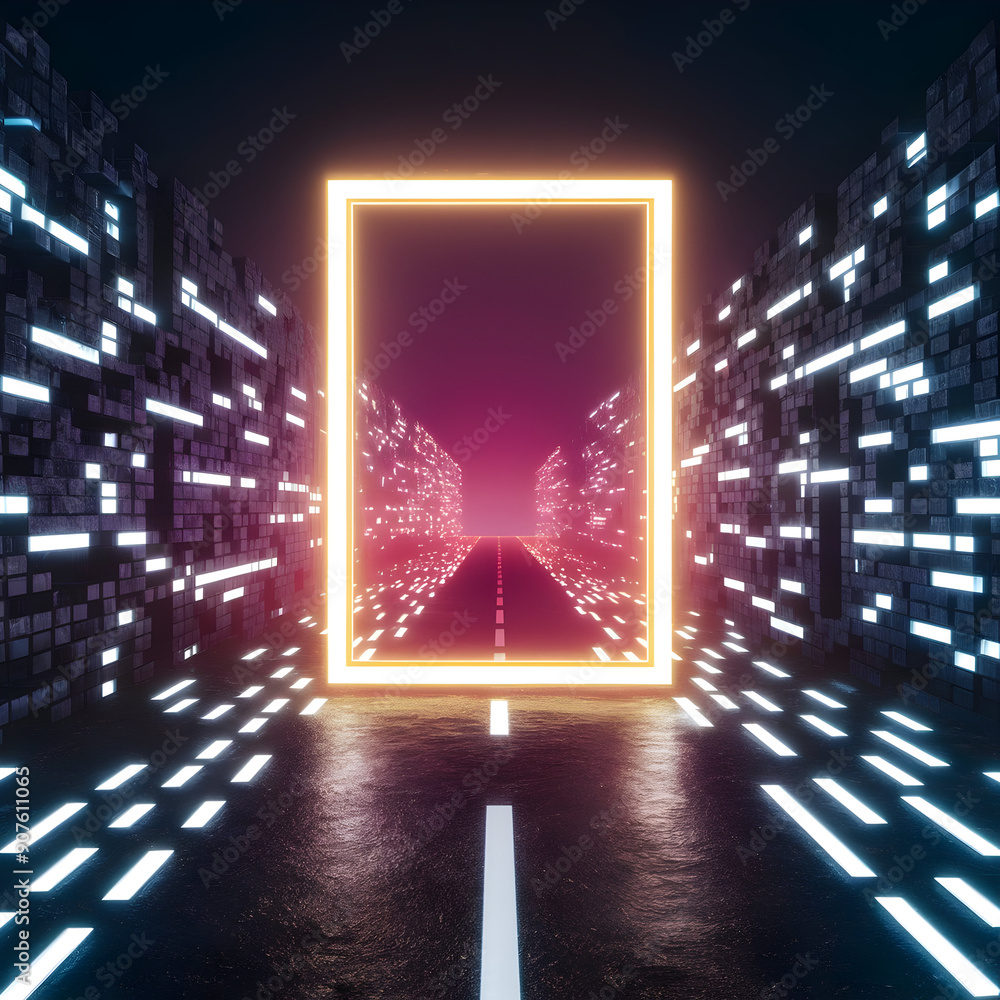 3d abstract neon background, glowing rectangular frame in cyber space ...