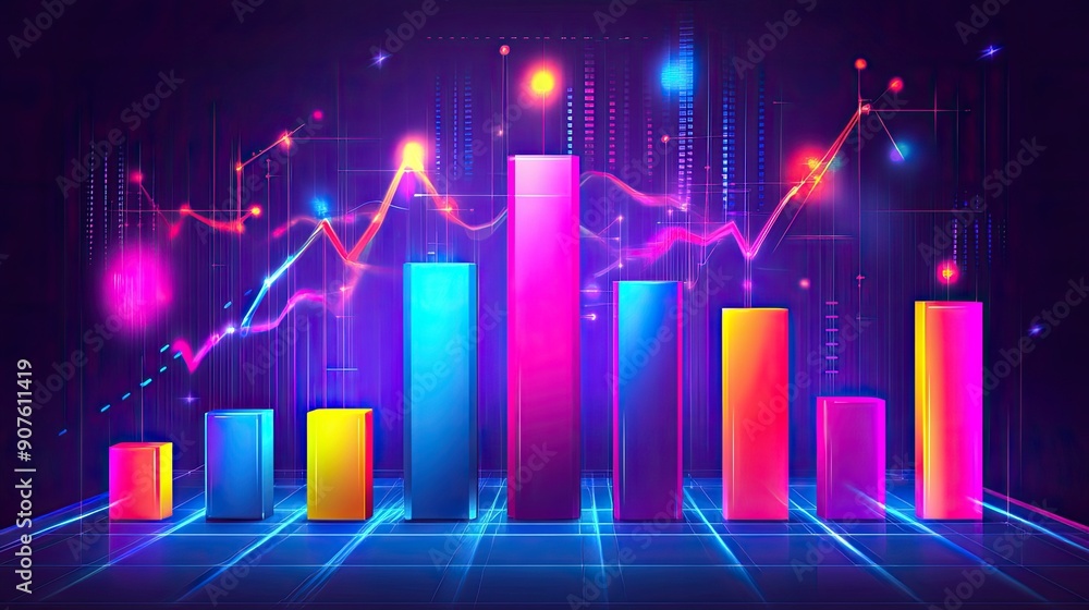 Vibrant digital bar graph with neon colors illustrating data trends and ...