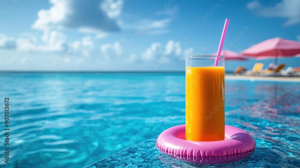 Glass of Mango smoothie and fresh fruit on border of a swimming pool ...