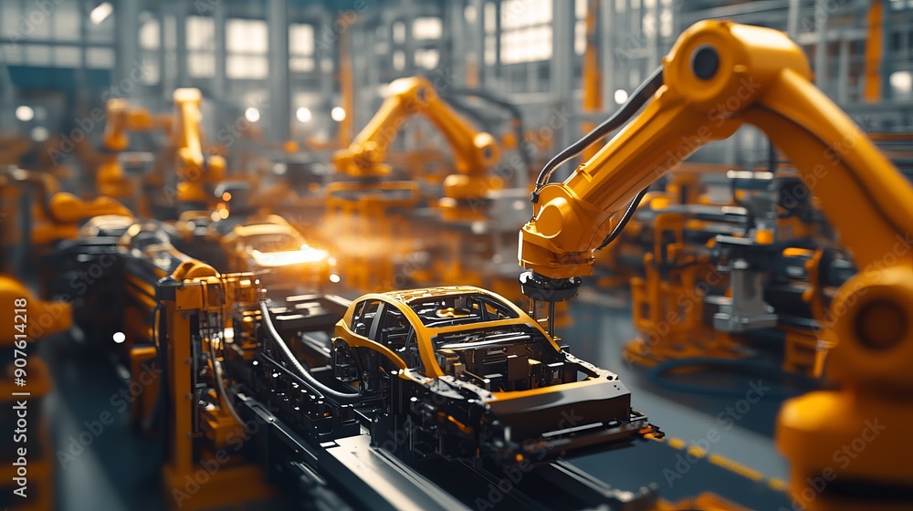 Aerial car factory 3D render featuring an automated robot arm assembly ...