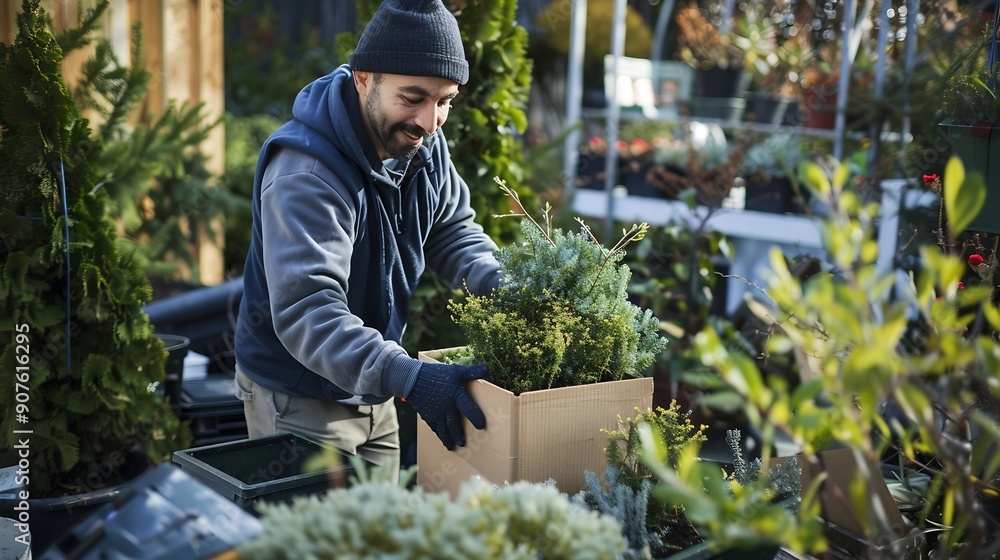 Gardener unpacking parcel with plants in containers Blue star juniper ...