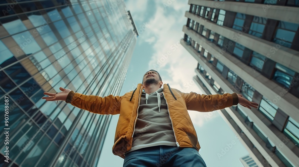 Young man in the city reaching his goals People inspiration and never ...