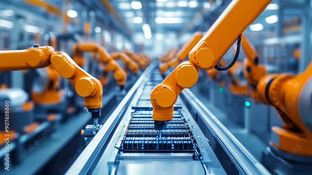 Automated EV battery pack production line featuring orange advanced ...