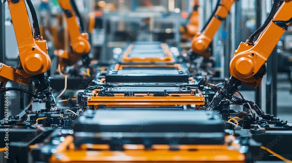 Automated EV battery pack production line featuring orange advanced ...