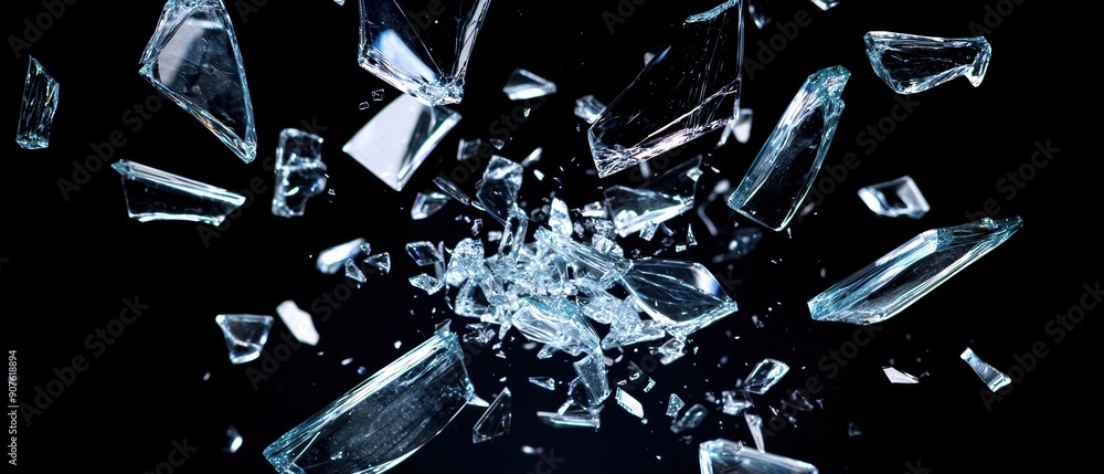 Shattering glass fragments midair captured in high detail with a black ...