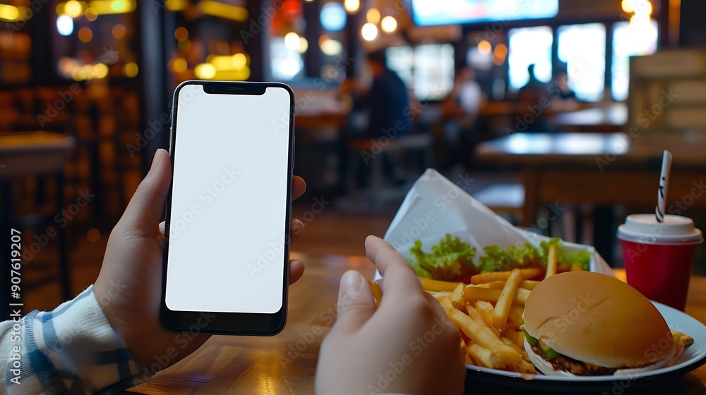 CU Photo of a person using his phone inside a fastfood restaurant Blank ...