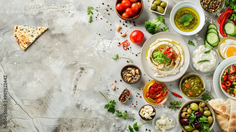 Middle Eastern or Arabic cuisine with a variety of mezze on a rustic ...