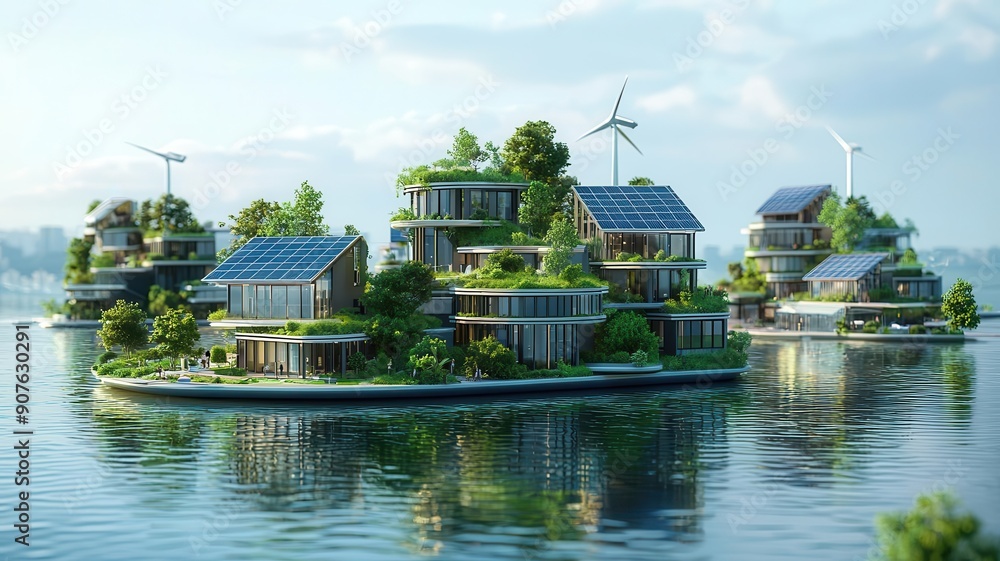 Floating city powered by solar and wind energy, futuristic sustainable ...