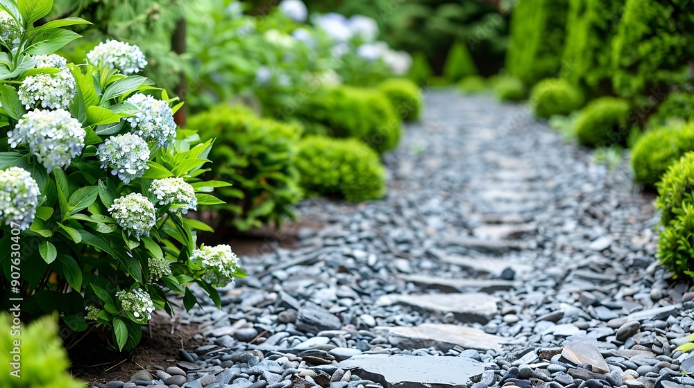 Hydrangea paniculata and conifer Beautiful Garden path made of natural ...