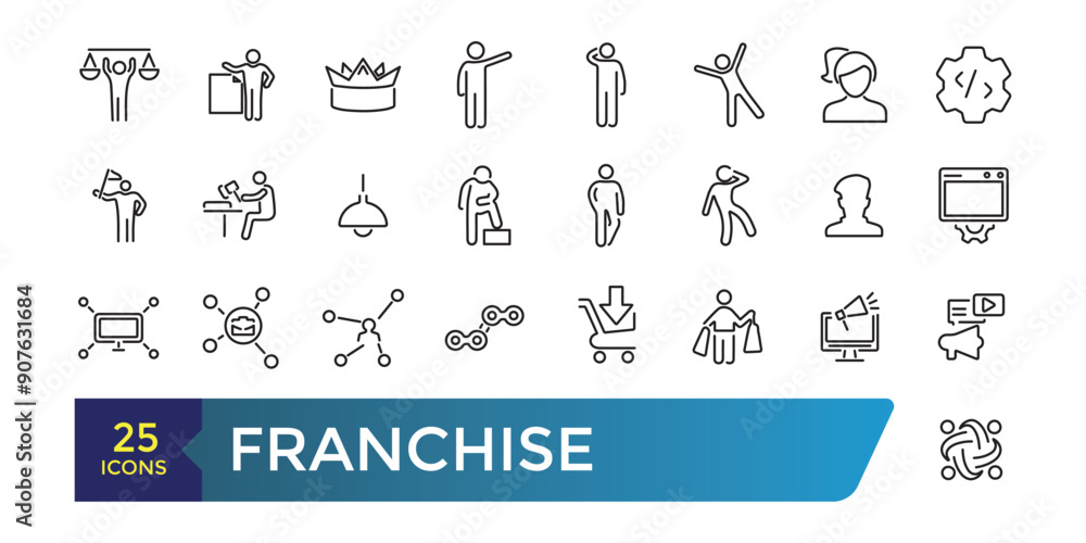 Franchise icon set. Franchisee, license, royalties, chain, shop ...