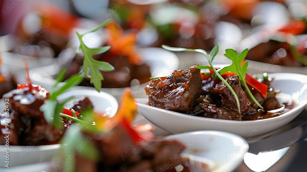 Braised beef in white spoon as appetizers on tray at formal event ...