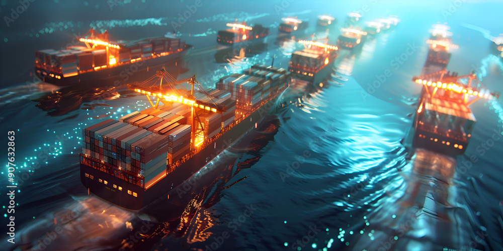 A cargo ship cutting through the ocean at night leaving a glowing ...