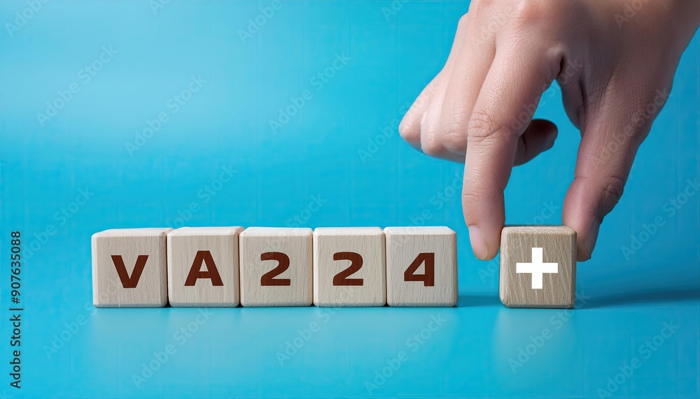 Value add concept. Hand place wooden cube with plus sign on light blue ...