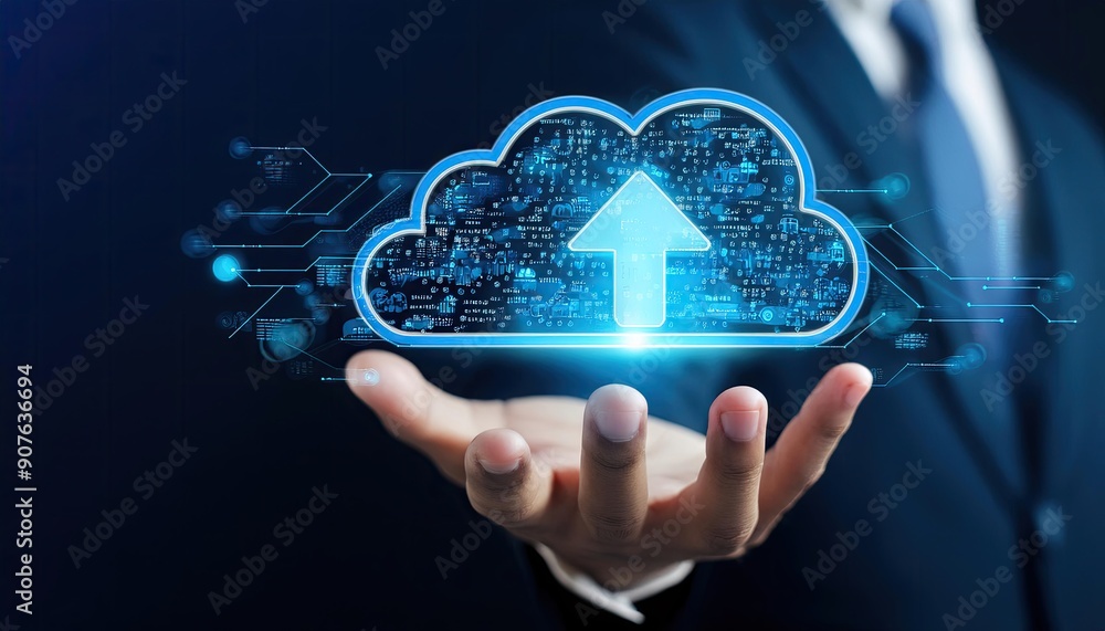 Cloud computing technology concept. Businessman hand holding cloud computing icon network ...
