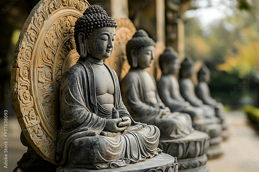 Buddha statues with the Dharma Wheel symbolize the Buddha's teachings ...