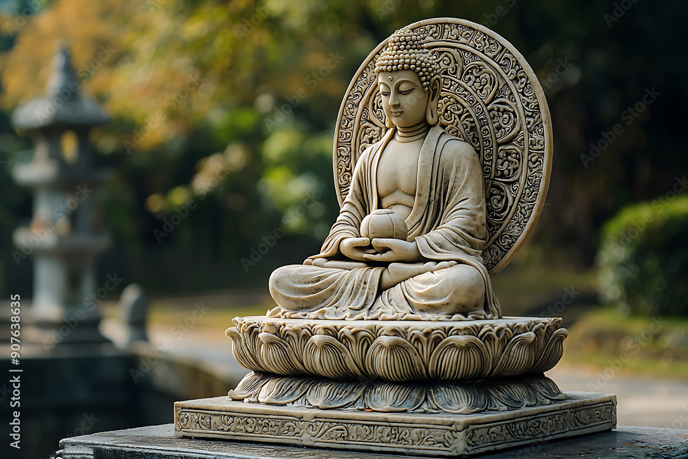 Buddha statues with the Dharma Wheel symbolize the Buddha's teachings ...