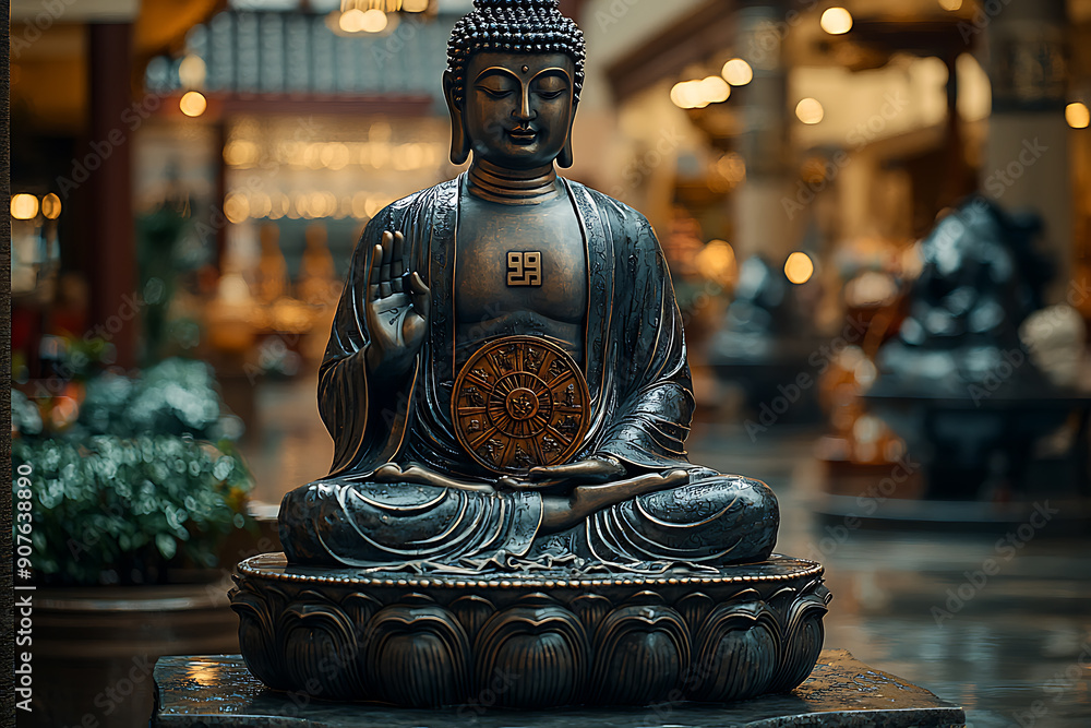 Buddha statues with the Dharma Wheel symbolize the Buddha's teachings ...