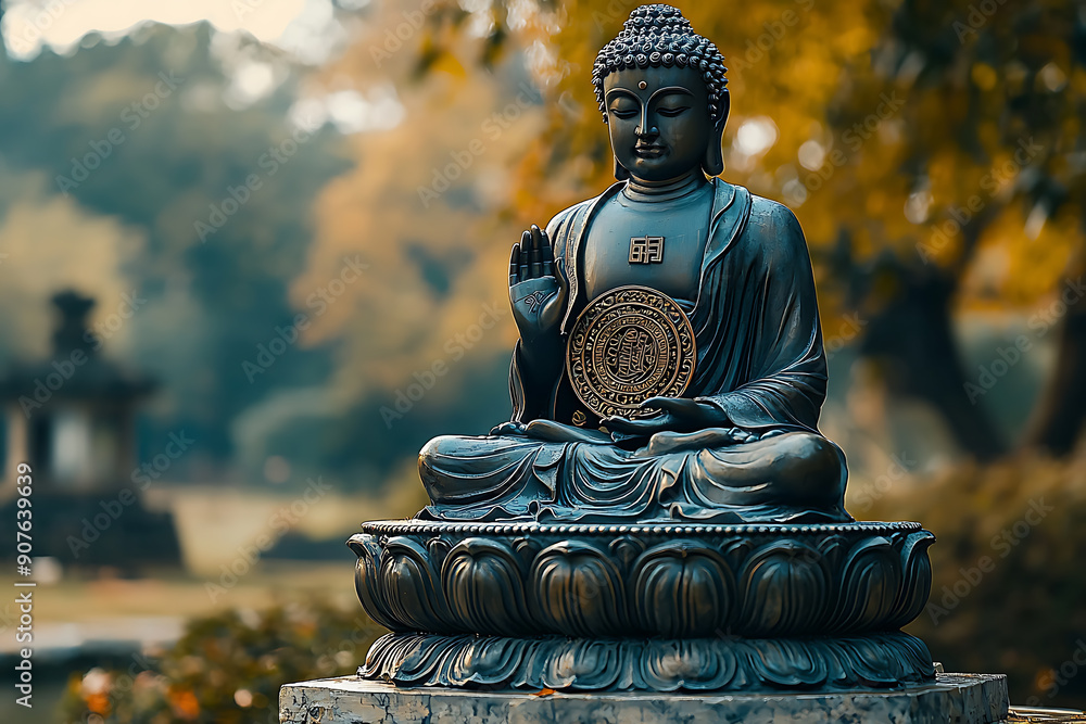 Buddha statues with the Dharma Wheel symbolize the Buddha's teachings ...
