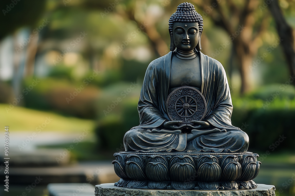 Buddha statues with the Dharma Wheel symbolize the Buddha's teachings ...