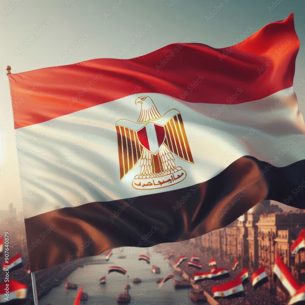 Egyptian Flag flying in the air, highlighting the red, white, black ...