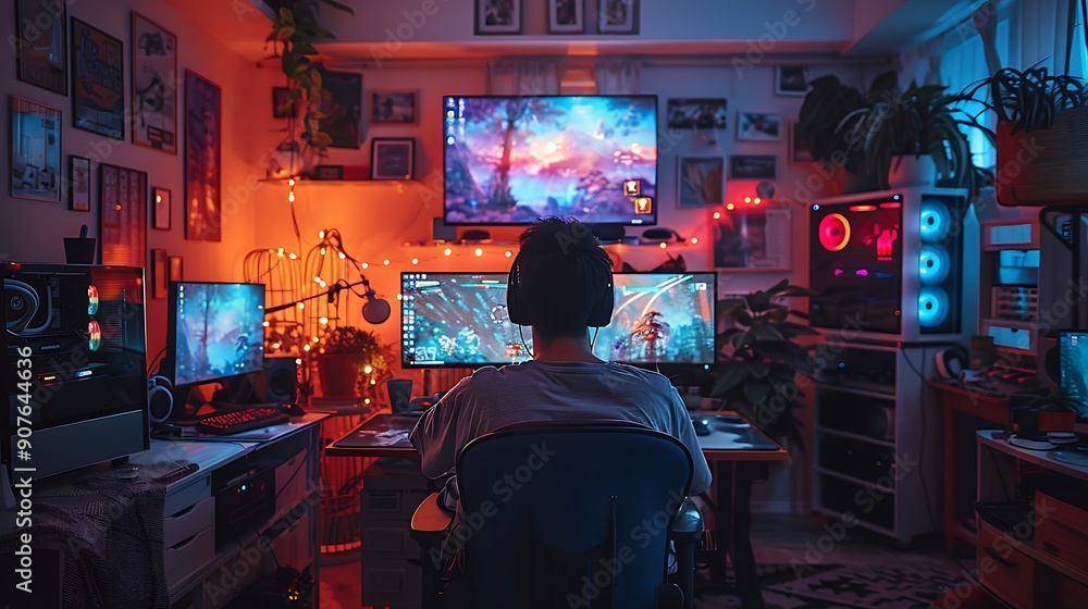 A detailed look at a gaming enthusiast's space, featuring a male gamer ...