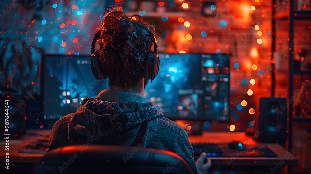 A detailed look at a gaming enthusiast's space, featuring a male gamer ...