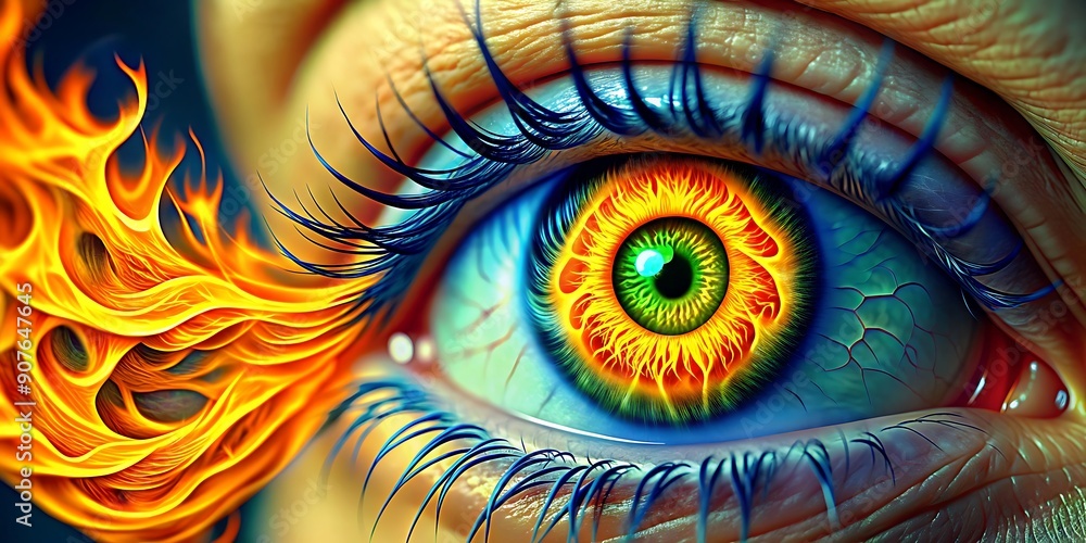 A surreal photo captures a human eye, with flames and fire reflected ...