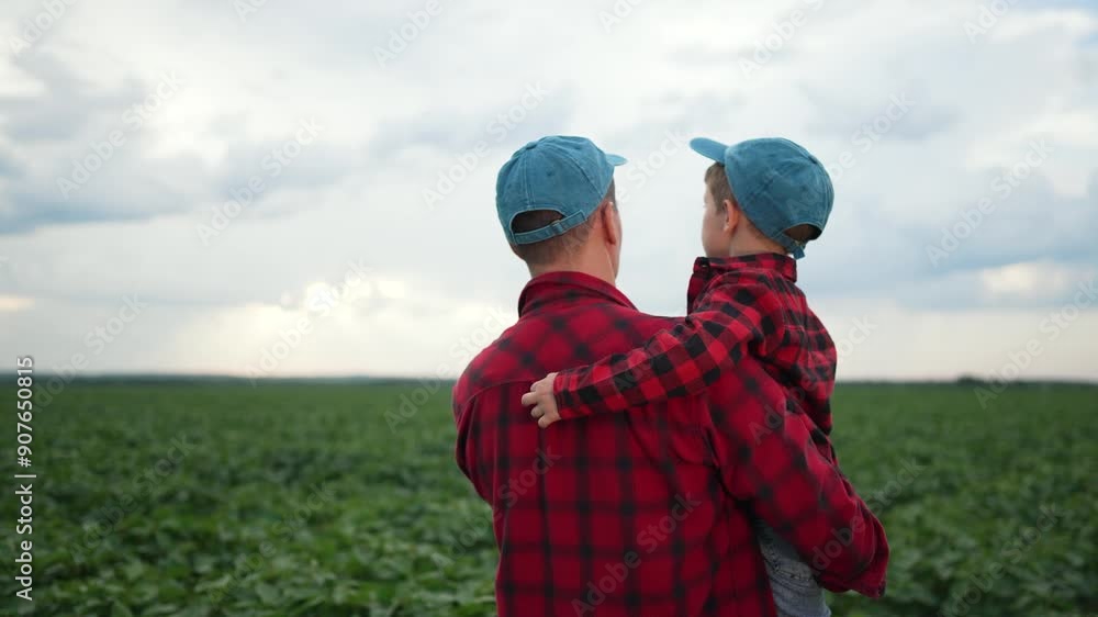 Farmer family soybean crop field. Father and son in matching plaid ...