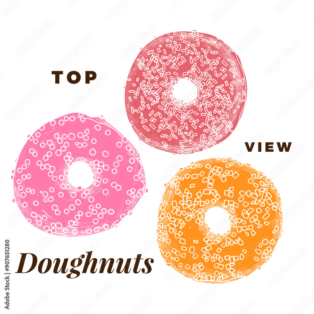 Hand drawn vector doughnuts. Top view of three donuts with vanilla ...