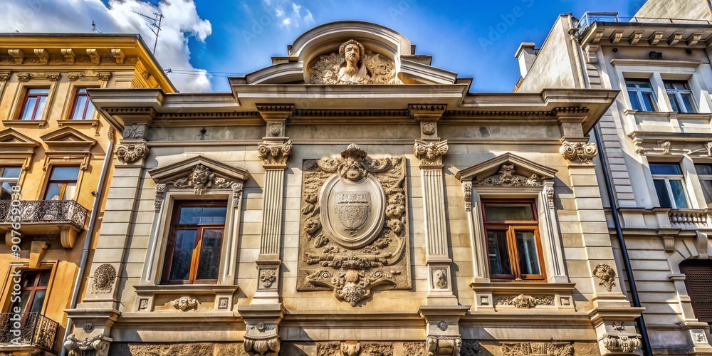 Historic marble stone memorial plaque adorns the facade of a centuries ...