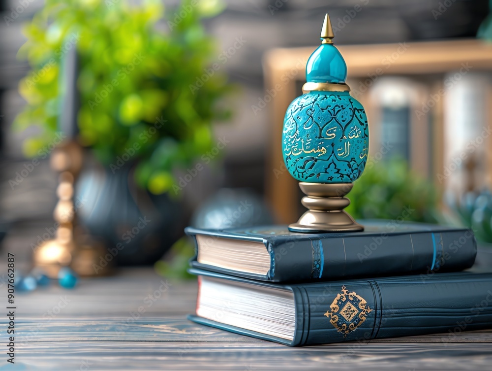 classic composition of The Quran on an elegant wooden table, surrounded ...