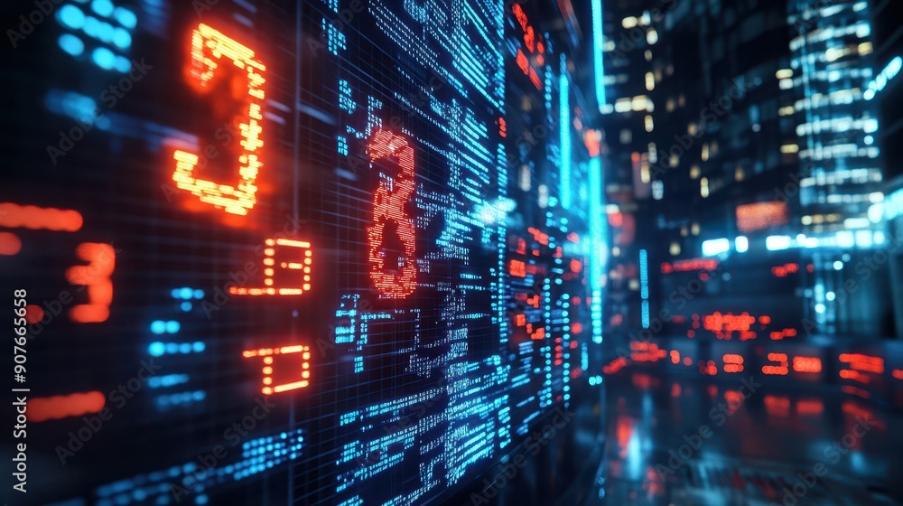 Digital stock board with glitching numbers and warning signs, chaotic ...