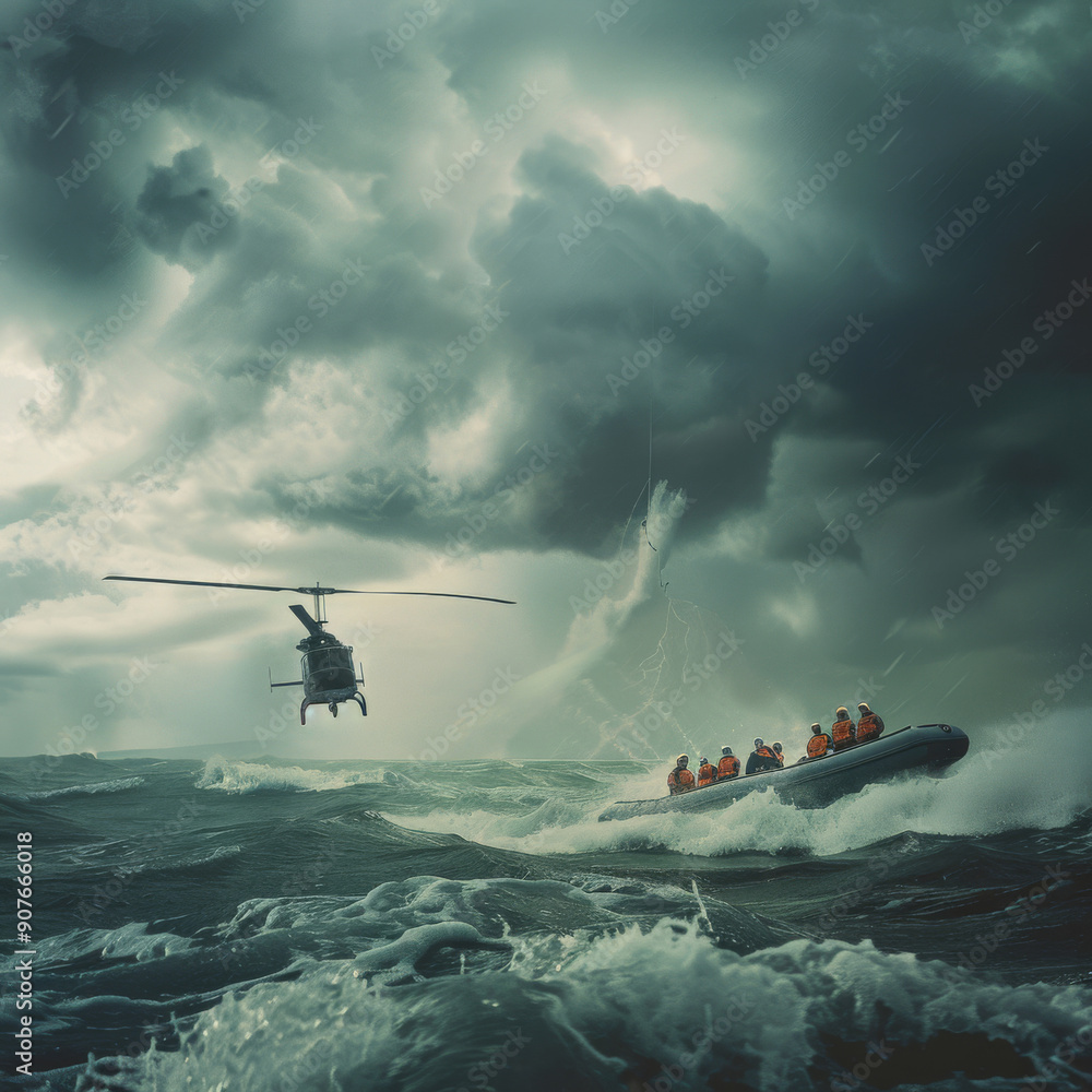 A rescue helicopter hovers above a stormy sea as a group of people in a ...
