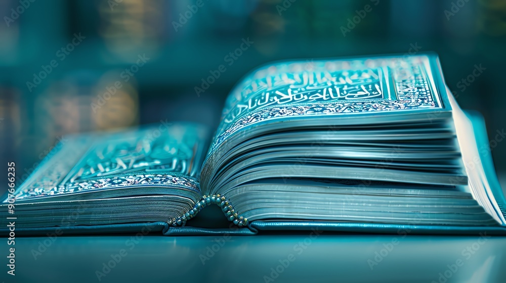 elegant and detailed closeup of The Quran with its pages open ...