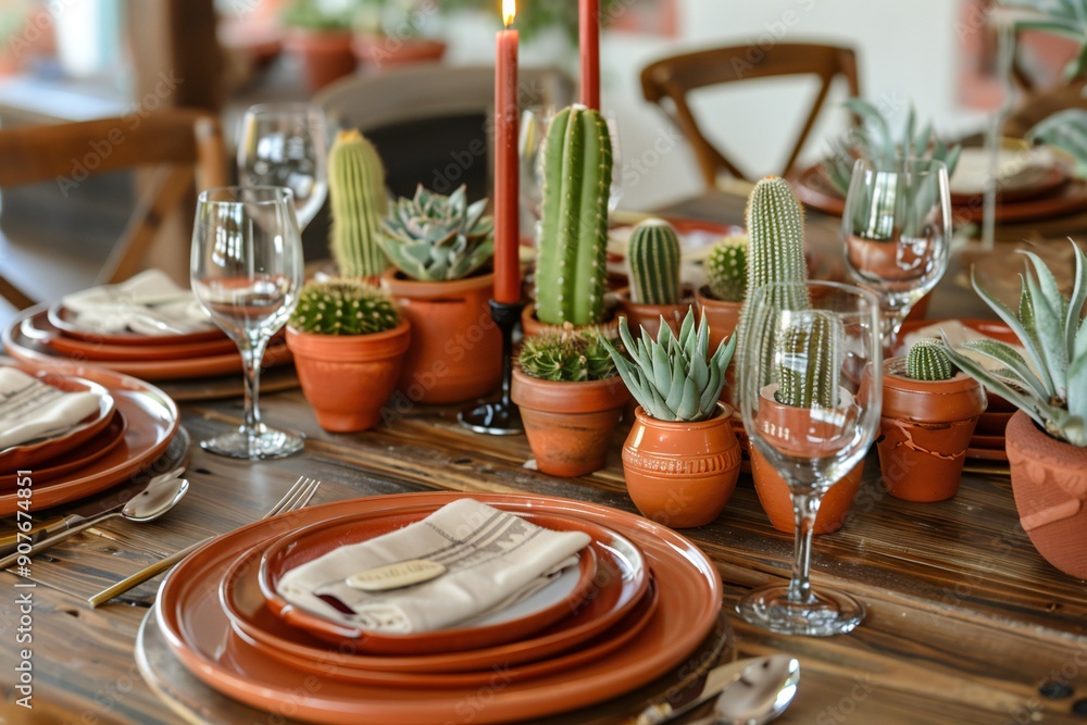Southwestern table setting with terra cotta plates, cactus napkin ...