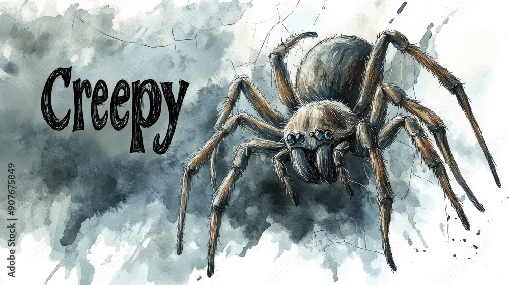 Watercolor creepy spider on a web, with text "Creepy" in big, dark font ...