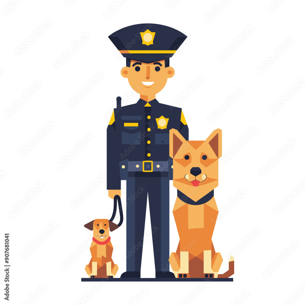 Police officer standing next two dogs isolated white background drawing ...