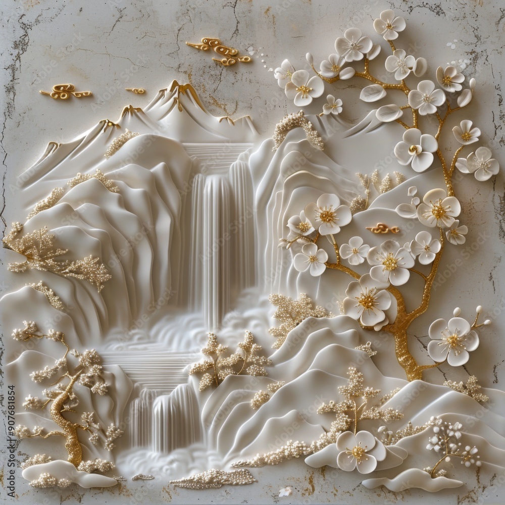 Abstract Elegance: Volumetric Plaster Art on a Concrete Wall with Gold ...