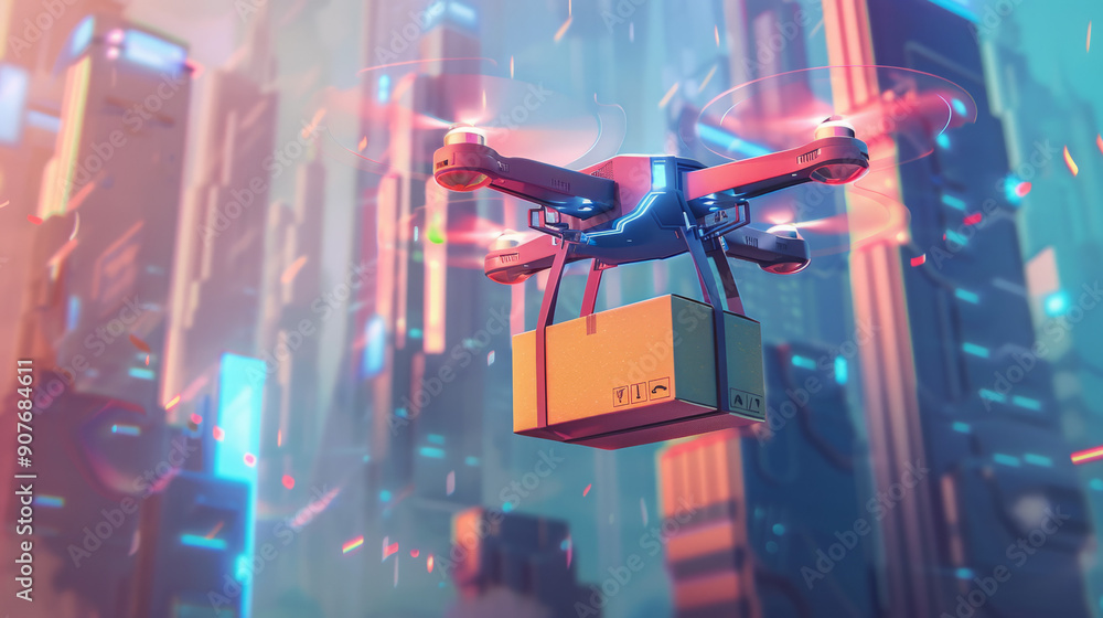 Drone flies and carries a cardboard box. Transportation of cargo ships ...