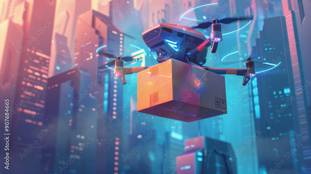 Drone flies and carries a cardboard box. Transportation of cargo ships ...