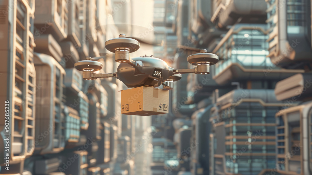 Drone flies and carries a cardboard box. Transportation of cargo ships ...