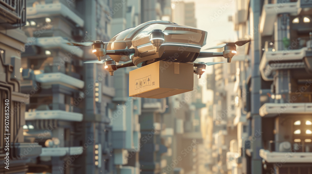 Drone flies and carries a cardboard box. Transportation of cargo ships ...
