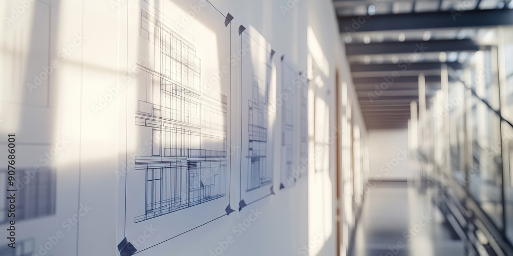 Precise Plans on Display: Blueprints hanging on a whitewall, showing a ...