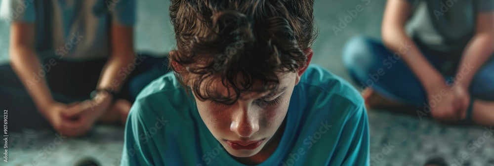 Teenagers being cruel by mocking a crying boy a victim of emotional ...