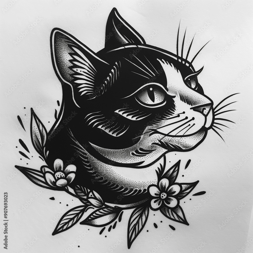cat head tattoo design, traditional old school style, black tattoo ...