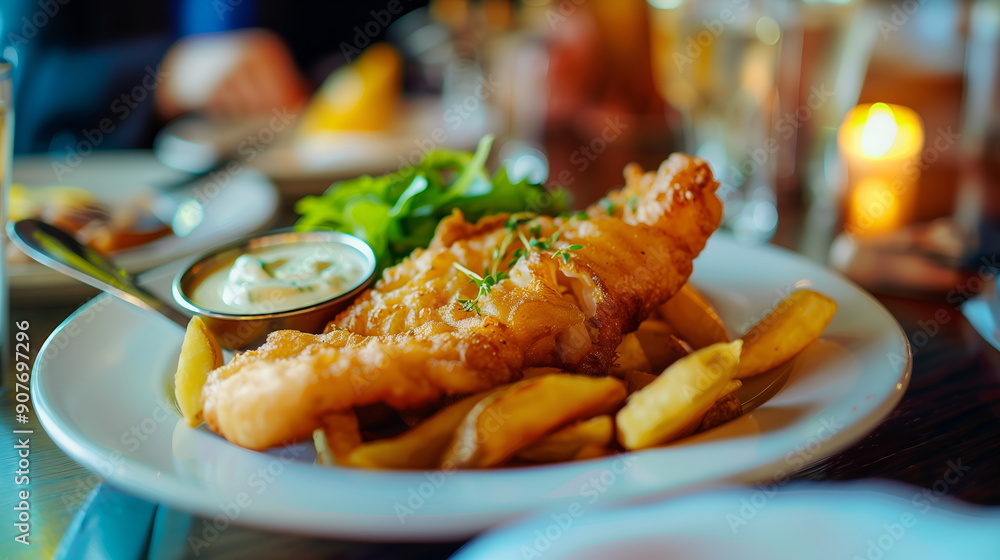 Posh fish and chips British cuisine in the restaurant, cafe ...